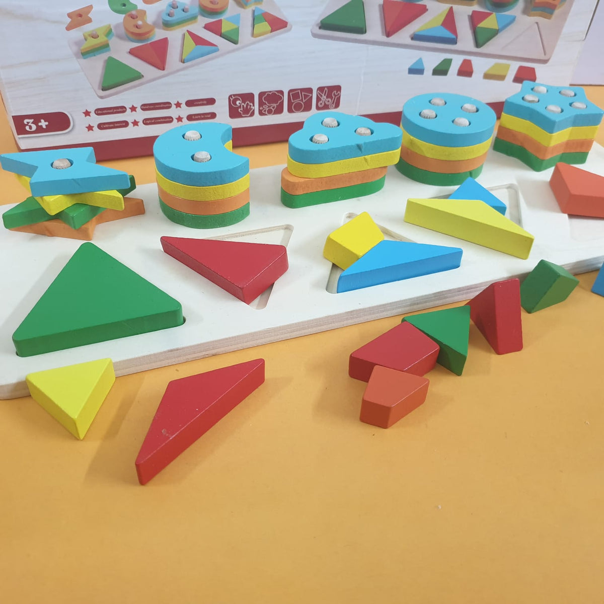 Wooden Montessori 5 Multicolor Shape Matching & Stacking Set – MGT Toys