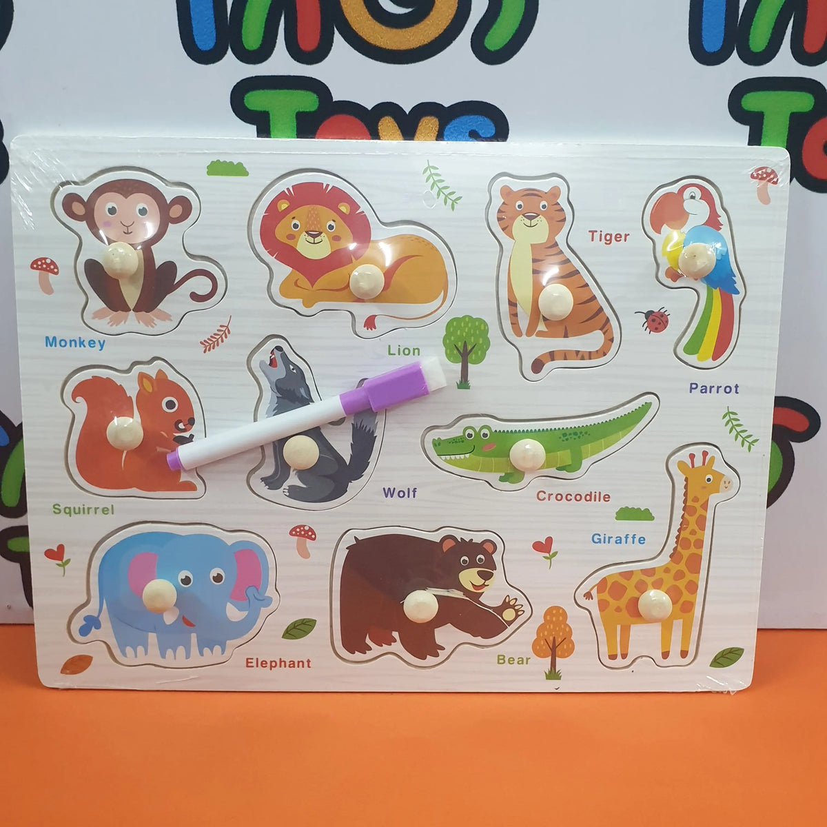 Wooden 2in1 Wild Animals Knob Sorting & Drawing Board – MGT Toys