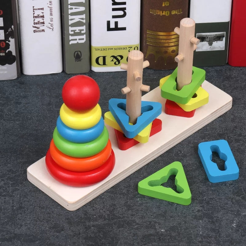Wooden Rainbow Three Column Shapes & Ring Tower – MGT Toys