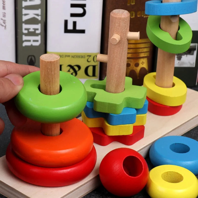 Wooden Montessori Three Column Shapes & Ring Tower – MGT Toys