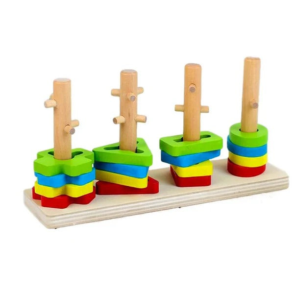 Wooden Four Set Of Geometric Shapes Sorting Columns – MGT Toys