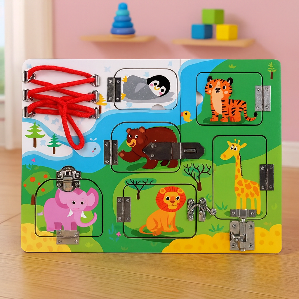 Wooden Door Lock & Lacing Activity Busy Board – MGT Toys