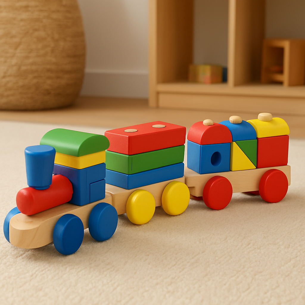 Wooden Multicolor Shapes Sorting & Stacking Train – MGT Toys