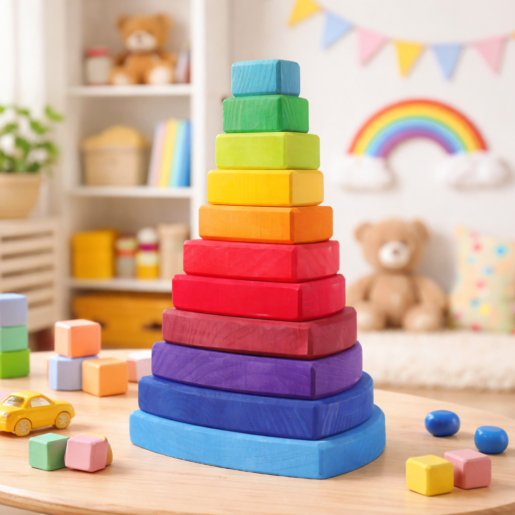 Wooden Multicolor Triangle Interactive Stacking Tower – MGT Toys