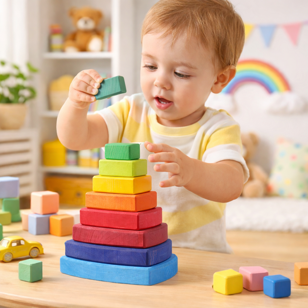 Wooden Multicolor Triangle Interactive Stacking Tower – MGT Toys