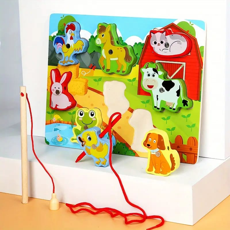 Wooden Farm Animals Fishing & Threading Sorting Board – MGT Toys