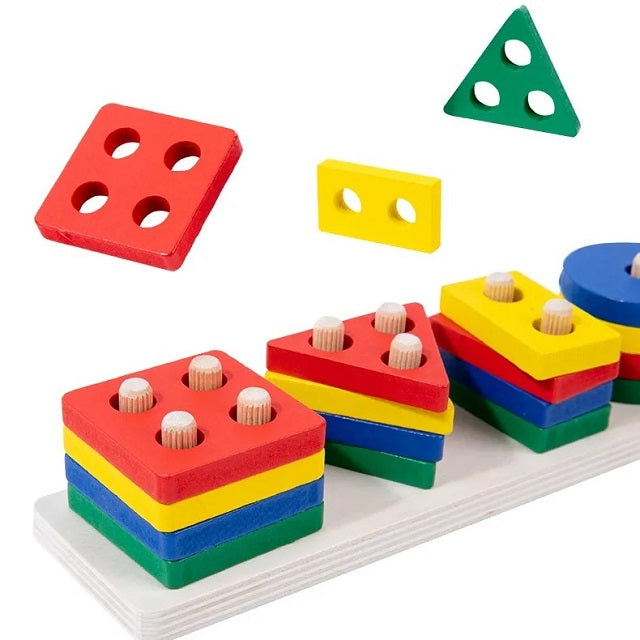 Wooden Rectangle 4 Multicolor Geometric Shapes Sorting & Stacking Toy ...