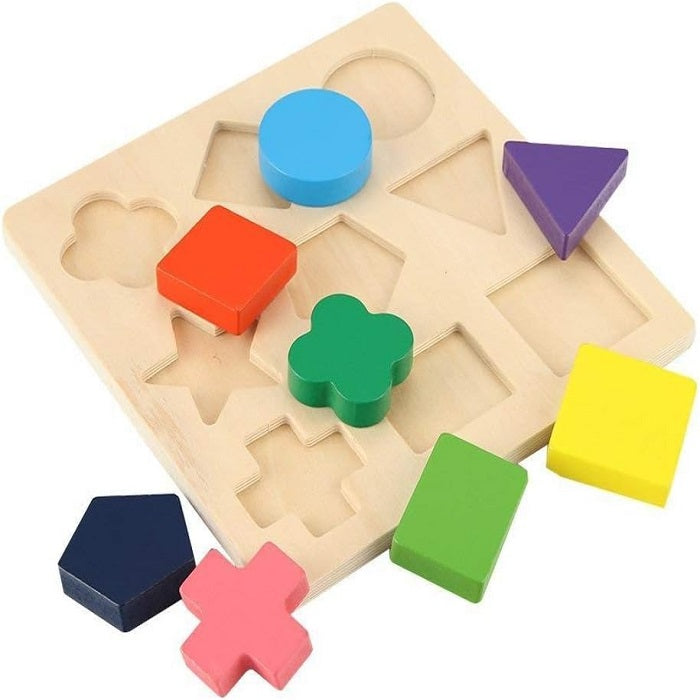 Wooden Multicolour Geometric Shapes Puzzle Sorting Board – MGT Toys