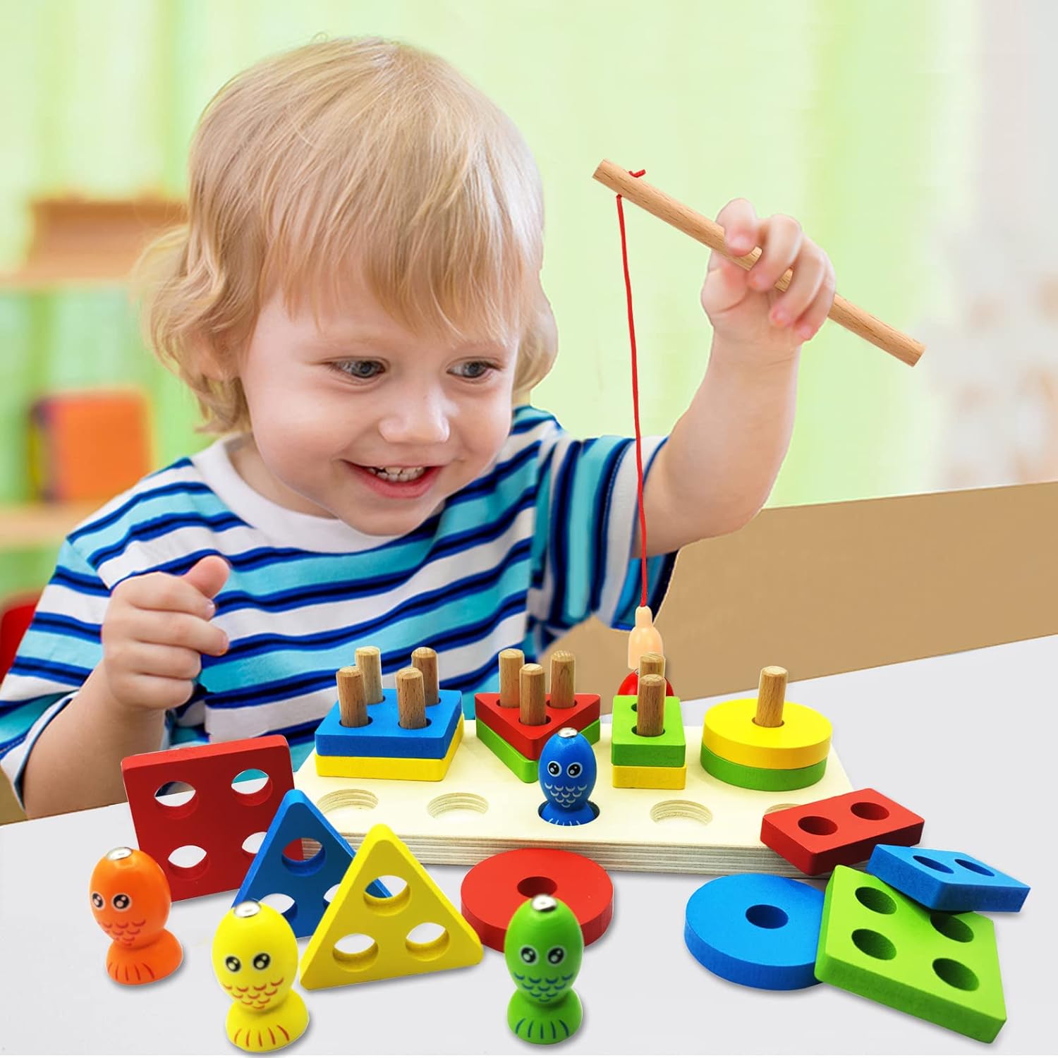 Wooden 2in1 Educational Fishing & Stacking Shapes Sorter Game – MGT Toys